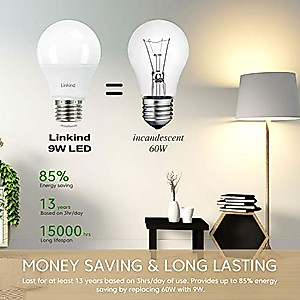 Linkind A19 LED Light Bulb, 60W Equivalent Light Bulbs, 9W 2700K Soft White, 800 Lumens Non-Dimmable LED Bulb, E26 Standard Base, Energy Efficient UL Listed, 6 Pack Led Lights for Bedroom Home Office