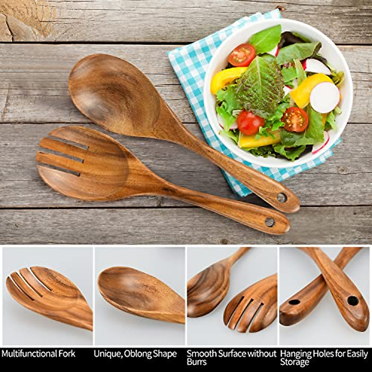 Salad Servers, Wood Salad Tongs, 10.2in Salad Spoon and Fork Set, Long Handle Salad Server Set for Mixing, Tossing and Cooking (Salad Spoon and Fork Set)