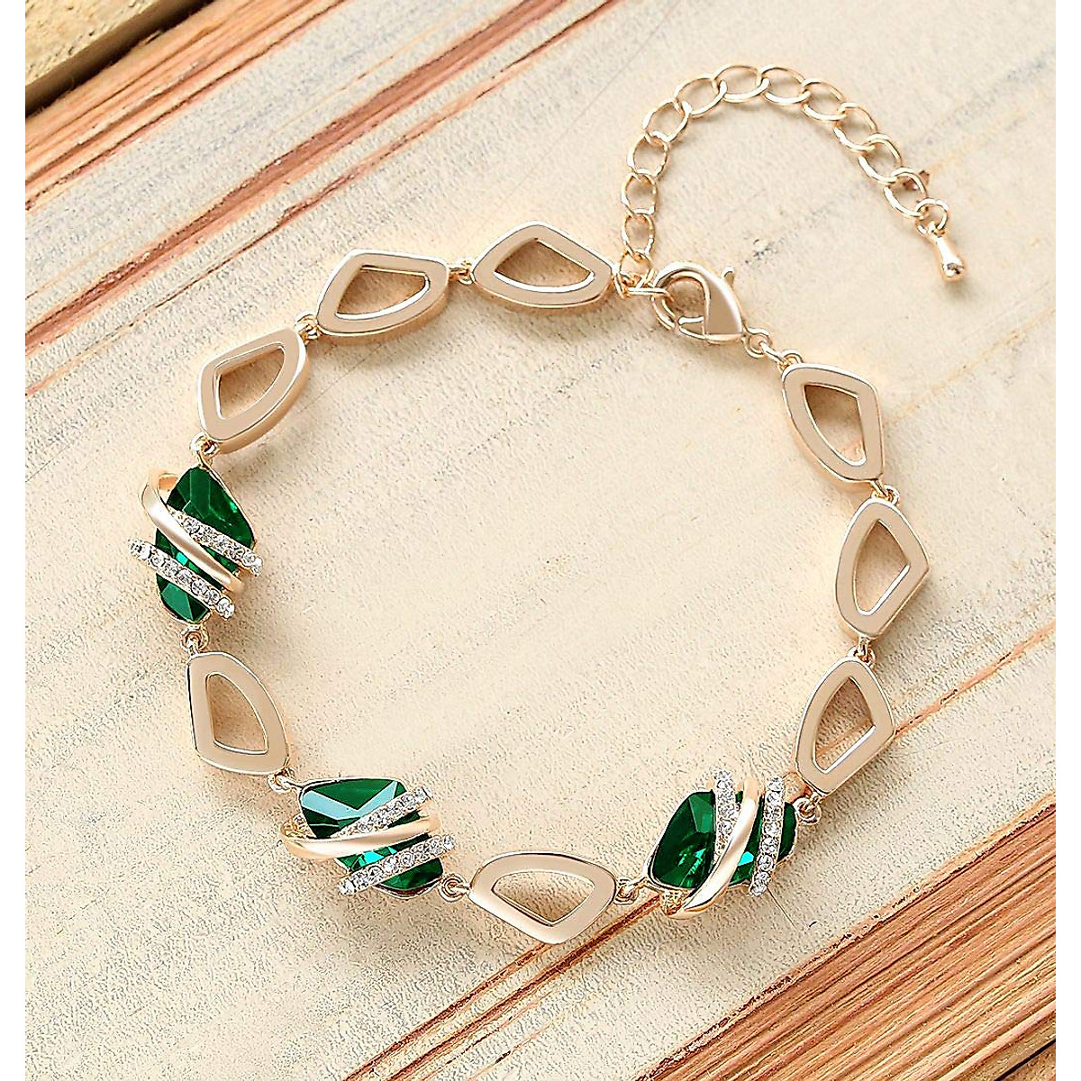 Leafael Wish Stone Link Charm Bracelet with Emerald Green Birthstone Crystal for May, Rose Gold Plated, 7"+2"