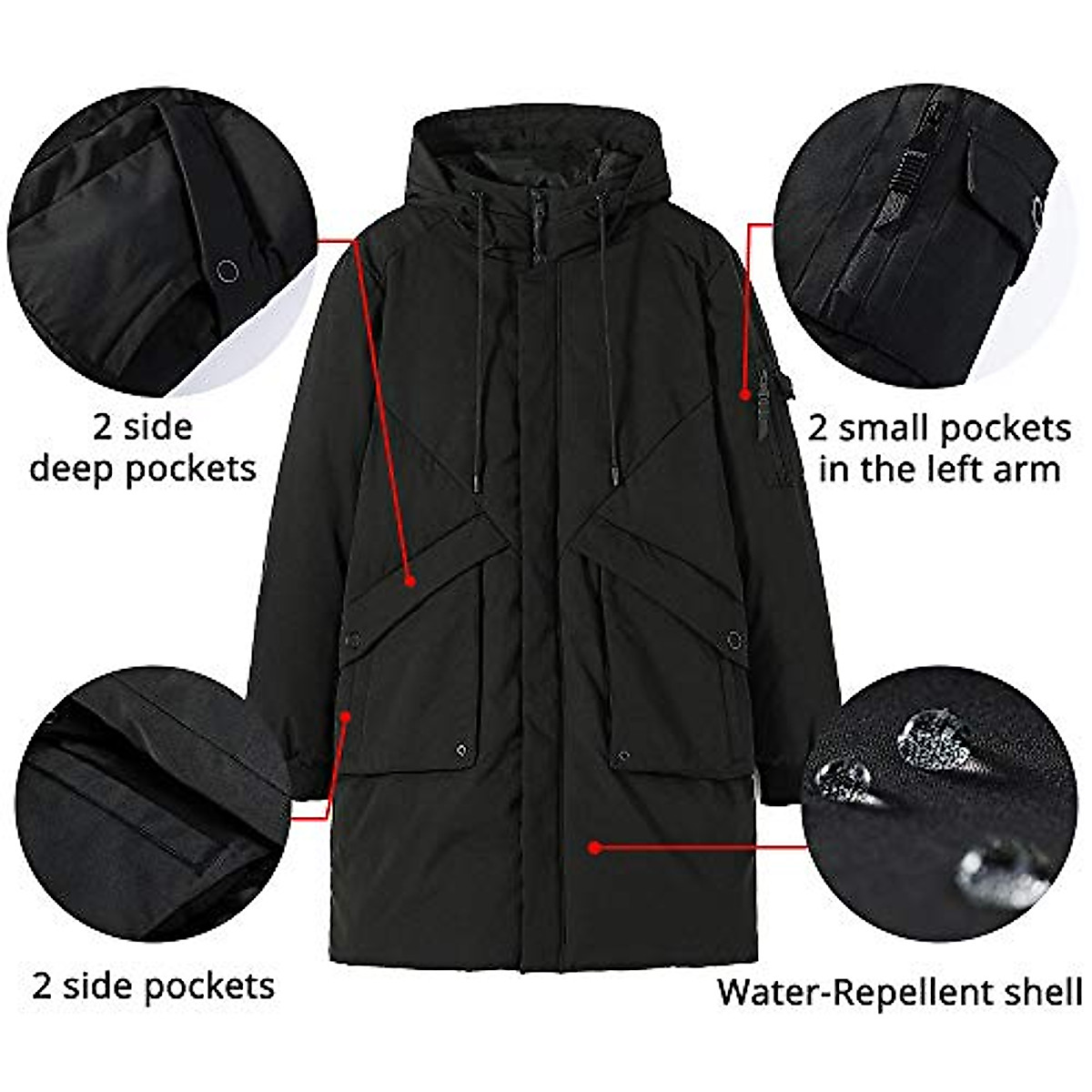 Pioneer Camp Men's Winter Coats Water-Repellent Windproof Thicken Parkas Long Hooded Padded Puffer Jacket (Black, XL)