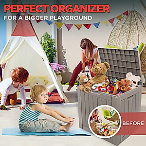 QFAR 31 Gal Deck Box Outdoor Storage Box Waterproof,Package Delivery Boxes, Patio, Porch, Outside/ Indoor Resin Bin,Padlock & Deliveries Sign Included