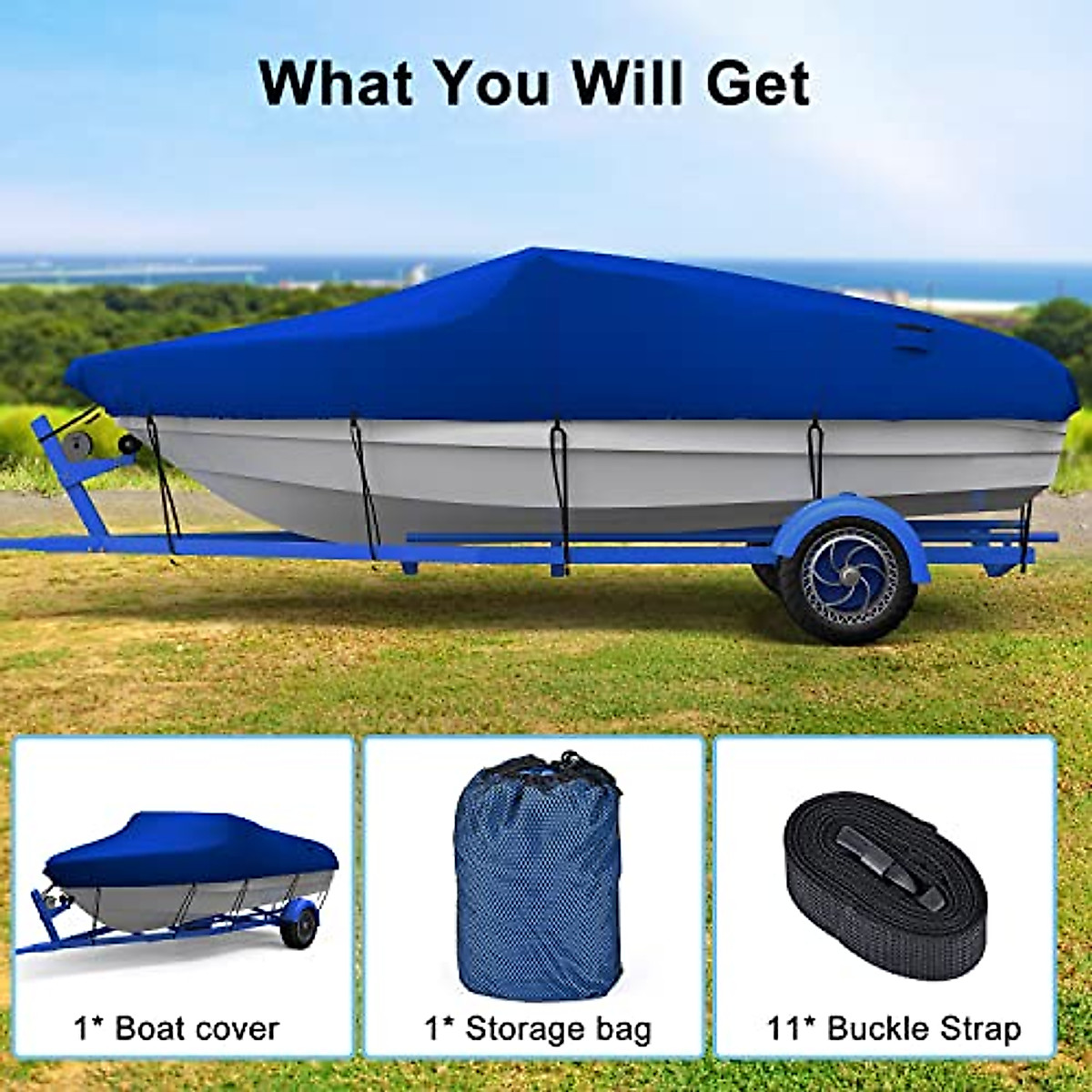 Vigorvan Heavy Duty Marine Grade Boat Cover, 12'-14' Trailerable, Fits V-Hull, Tri-Hull, Fishing, Runabout, Bass, Ski Boats, Waterproof, Anti-UV & Windproof, Blue