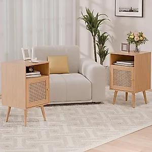 Xilingol Modern Rattan Nightstand, Boho Side Table with Handmade Rattan Decorated Door, Wood Bedside Table with Open Storage Shelf for Bedroom,Natural (no Charging Station, 1)