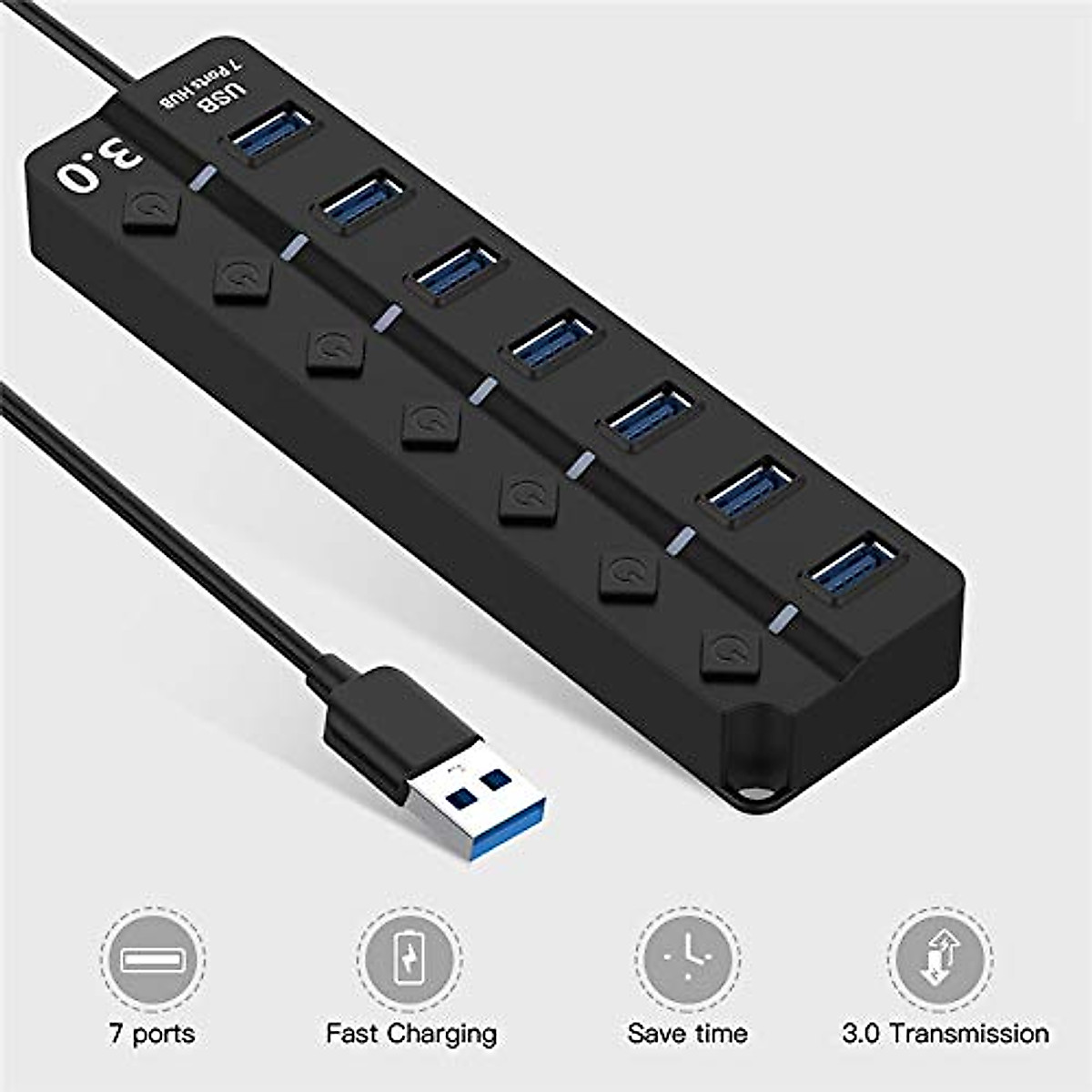 Lysee USB Cables - USB 3.0 HUB Splitter 7 Ports w/ On/Off Switches Plug and Play High Speed 5Gbps Micro Multiple USB Port Expander for PC Computer - (Length: < =0.5m)