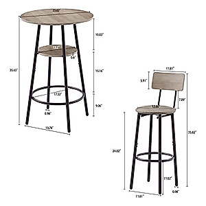 CUANBOZAM 3-Piece Bar Table Set for 2, Small 2-Tier Round Bistro Pub Dining Table & PU Upholstered Stools with Backrest, Counter Height Table and Chairs Set for Kitchen Small Space, Grey