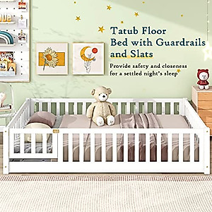 Tatub Full Size Floor Bed with Safety Guardrails, Door and Slats, Montessori Floor Bed Frame, Wood Montessori Floor Bed for Kids, Girls and Boys, Full-White