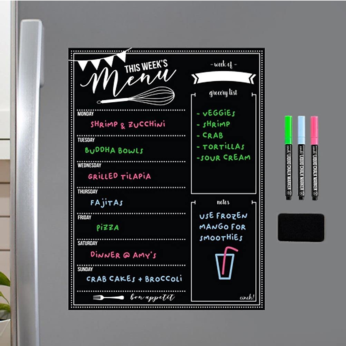 Magnetic Dry Erase Menu Board for Fridge with 3 Bright Neon Chalk Markers - 16x12" - Weekly Meal Planner Blackboard and Grocery List Notepad for Kitchen Refrigerator - Whiteboard Chalkboard Magnet