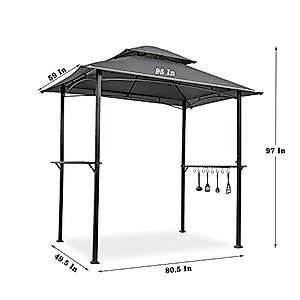 Outdoor Grill Gazebo - Patio Canopy Tent - Shelter Tent with Double Tier Soft Top - Steel Frame Barbecue Canopy with Hook and Bar Counters - 10 Pegs and 1 Bottle Opener - 8 x 5 Ft - Grey