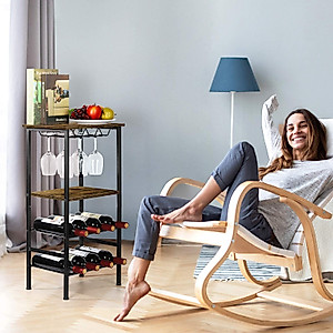 Wood Wine Rack Free Standing Floor, Industrial Wine Display Shelves with Glass Holder Rack & 8 Bottles Holder, Multifunctional Wine Bar Cabinet for Kitchen Dining Room Pantry Cellar, Rustic Brown