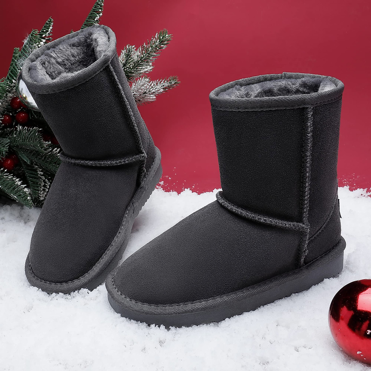 DREAM PAIRS Girls Boys Boots Kids Faux Fur Lined Winter Mid Calf Snow Boots Shorty-K Grey Size 1 Little Kid