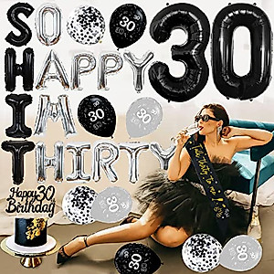 30th Birthday Decoration Black and Silver So Happy I’m Thirty Funny 30th Birthday Balloons for Men Women Talk Thirty to Me Sash Number 30 Foil Balloon Glitter Cake Topper