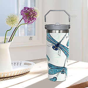 Dragonfly Tumbler with Handle and Straw, Stainless Steel Vacuum Insulated Flip Straw 30 oz Dragonfly Tumbler Spill Proof Coffee Travel Mug Dragonfly Gifts for Women