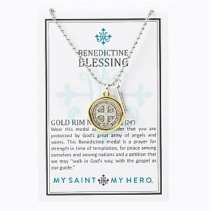 My Saint My Hero Benedictine Blessing Gold Rim Necklace - Divine Protection Benedictine Medal with 'Blessed' Tag, Prayer for Peace & Strength - Unisex, Hand-Cast in Italy