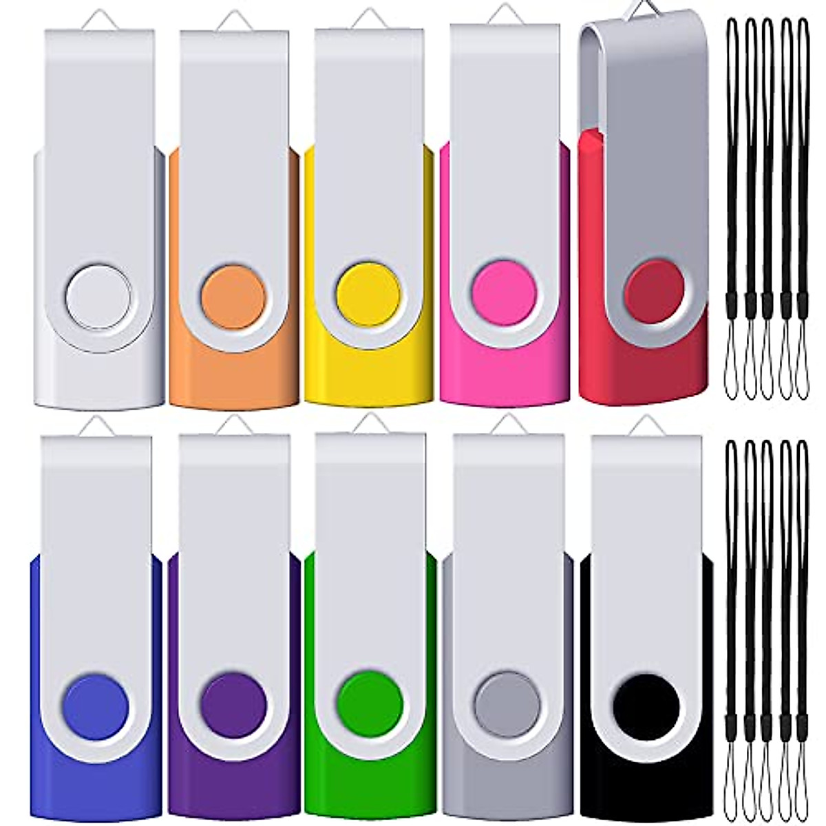 2GB USB Flash Drive 10 Pack FEWINA Multipack USB Drive 2 GB Memory Stick Bulk 2 Gig Jump Drives, Zip Drive PenDrive for Data Storage (Multi-Color with 10 Lanyards)