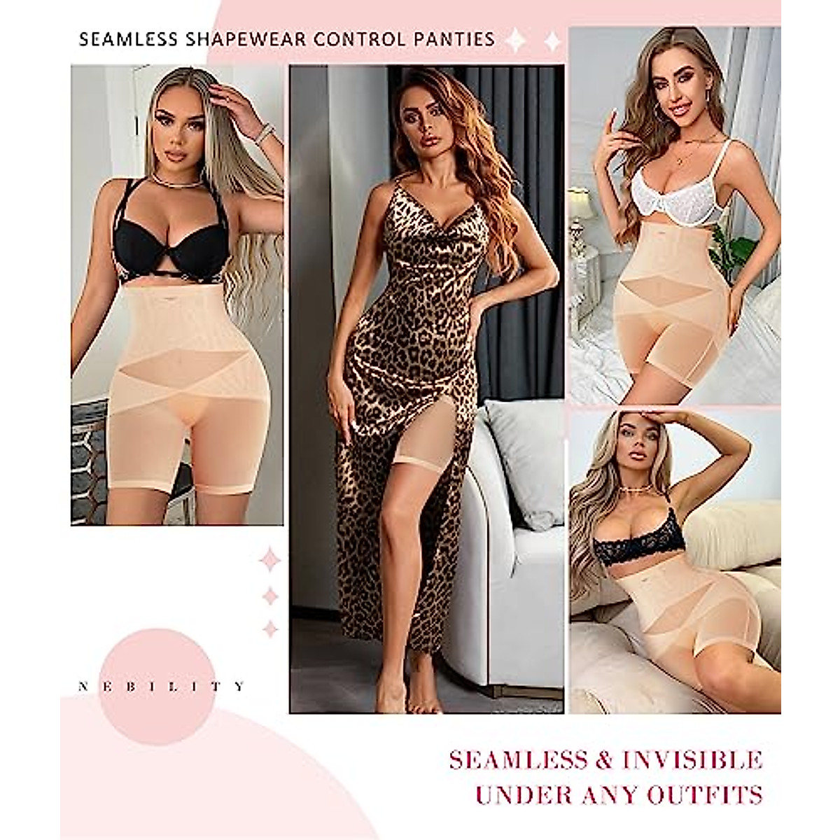 Nebility Women Butt Lifter Shapewear Hi-Waist Double Tummy Control Panty Waist Trainer Body Shaper (L, Beige-Mid Thigh)