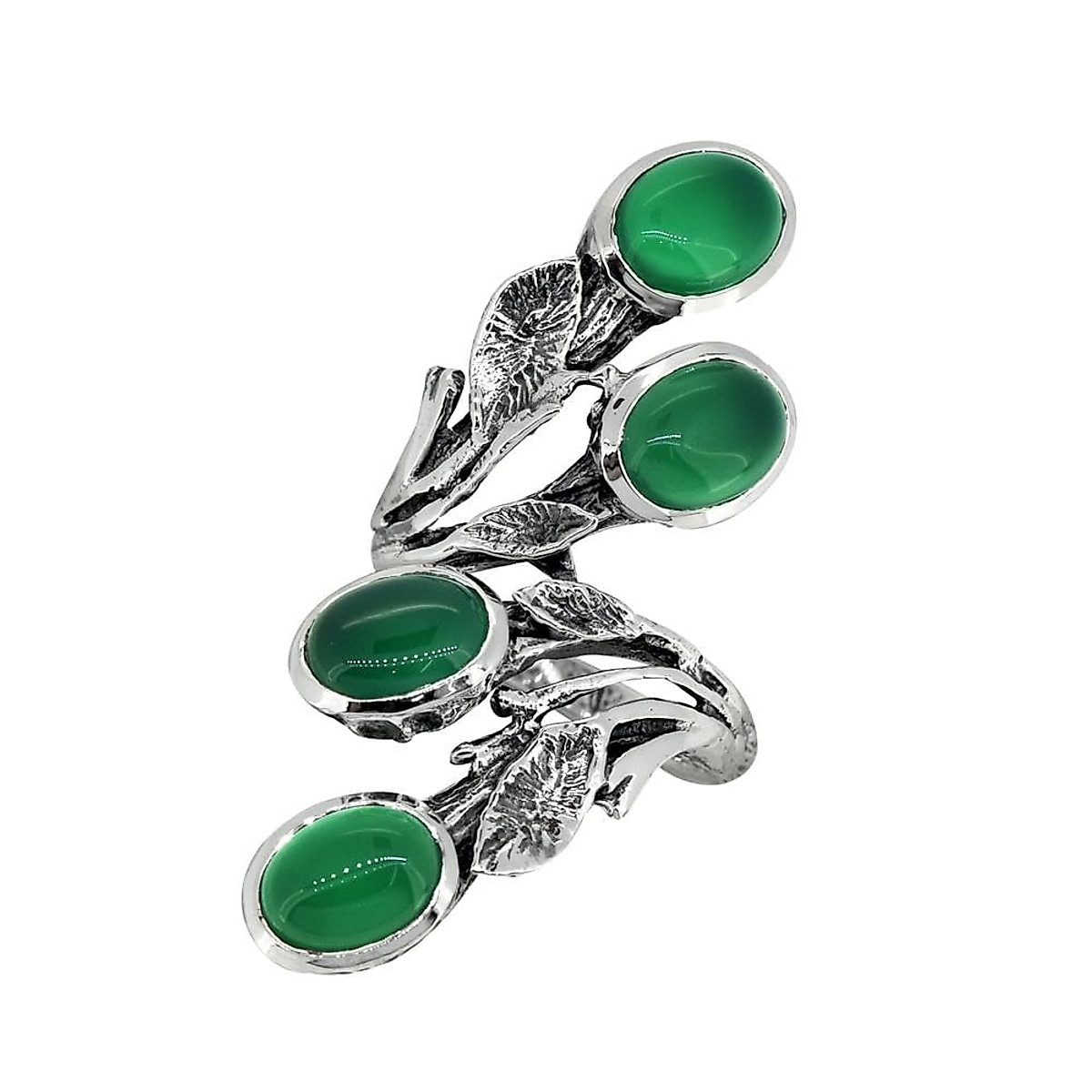 YoTreasure Green Onyx Solid Sterling Silver Innovative Leaf Vine Ring