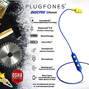 Plugfones Basic Pro Wireless Bluetooth in-Ear Earplug Earbuds - Noise Reduction Headphones with Noise Isolating Mic and Controls (Blue & Yellow)