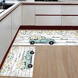 Kitchen Rugs and Mats Sets of 2 Truck Daisy Flower Non-Slip Rubber Backing Area Rugs Washable Runner Carpets for Floor, Kitchen Wild Floral Fresh Design Farmhouse Plank 15.7x23.6+15.7x47.2inch