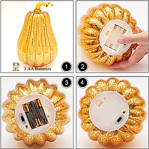 Osfvn Mercury Glass Pumpkins Light Timer Operated 8 inches Table Centerpiece Fall Autumn Decorations Halloween Thanksgiving Pumpkin Decor