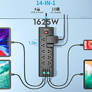 Power Strip with PD 20W USB C Port, Wohtr Surge Protector with 10 AC Outlets & 4 USB Ports (1 USB-C, 3 USB-A), 1875W/2370J, 6ft Heavy Duty Extension Cord, Flat Plug,Wall Mount, Overload Protection