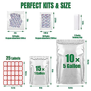 5 Gallon Mylar Bags for Food Storage,10.5 Mil Mylar Bags with Oxygen Absorbers 2000cc-25 Mylar Bags 5 Gallon & 1 Gallon,Stand-Up Zipper Resealable Bags & Heat Sealable Food Storage Bags + Labels