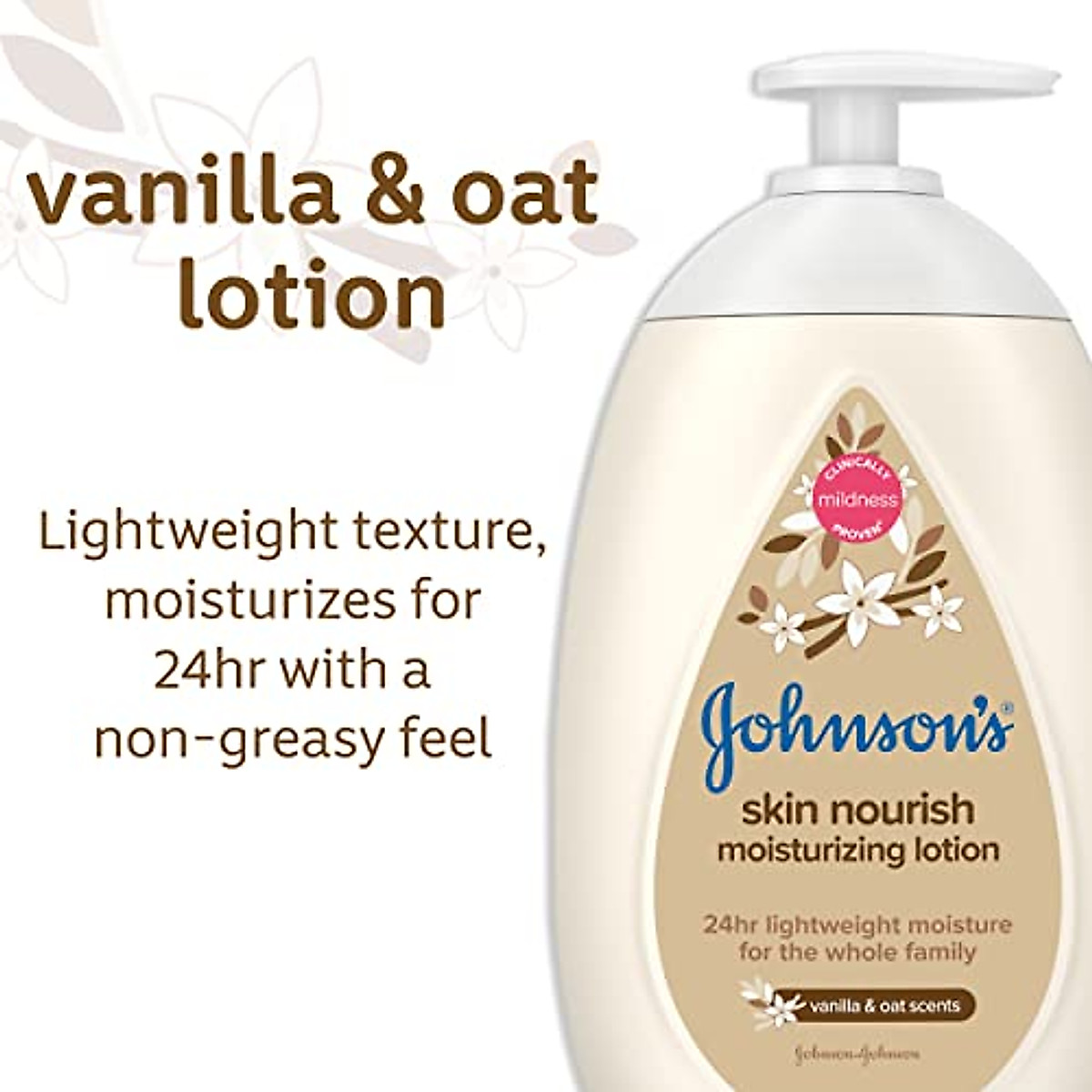 Johnson's Skin Nourish Moisturizing Baby Lotion for Dry Skin with Vanilla & Oat Scents, Gentle & Lightweight Body Lotion for The Whole Family, Hypoallergenic, Dye-Free, 16.9 fl. oz
