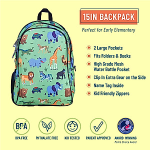 Wildkin Lunch Box Bag and 15 Inch Backpack Bundle with 16 Ounce Reusable Water Bottle (Wild Animals)
