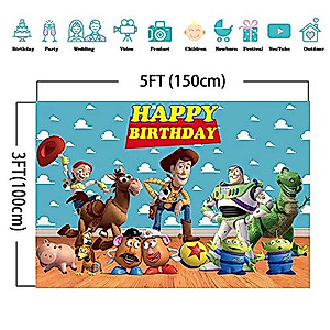 Cartoon Toy Story Birthday Party Theme Photography Backdrops Blue Sky White Clouds Banner Kids Birthday Party Photo Background Cake Table Decoration Supplies Studio Booth Props 5x3ft Vinyl