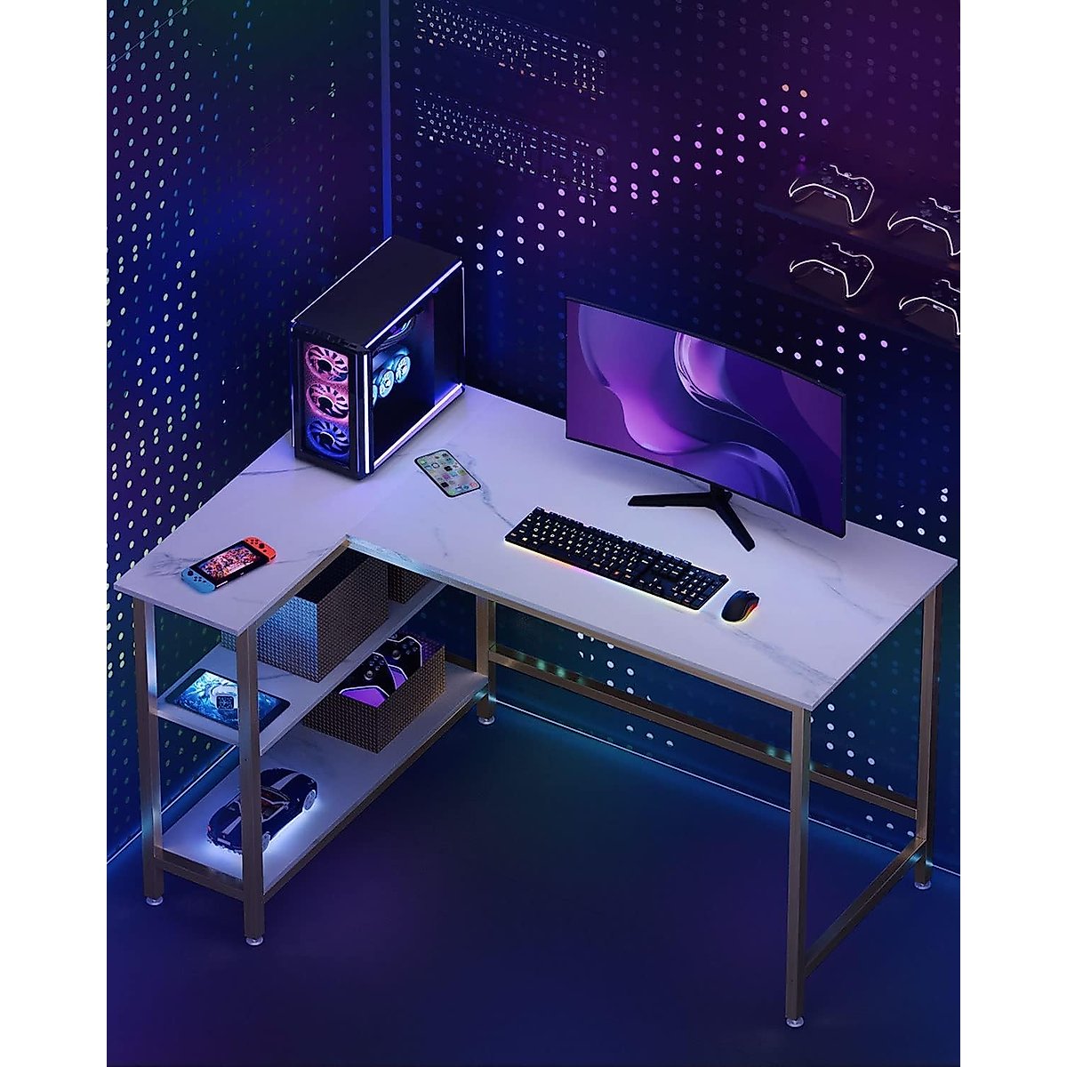WOODYNLUX L Shaped Computer Desk - Home Office Desk with Shelf, Gaming Desk Corner Table for Work, Writing and Study, Space-Saving, White.