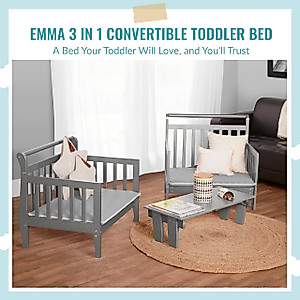 Dream On Me Emma 3-in-1 Convertible Toddler Bed in Storm Grey, Converts to Two Chairs and-Table, Low to Floor Design, JPMA Certified, Non-Toxic Finishes, Safety Rails