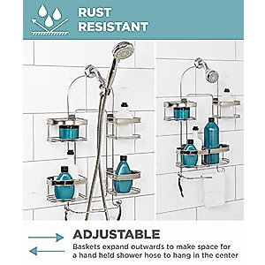 Zenna Home Hanging Shower Caddy, Over the Shower Head Bathroom Storage, Stainless Steel, For Handheld Shower Hoses, Rust Resistant, No Drilling, Expandable Organizer, 4 Baskets, Razor Holders, Hooks