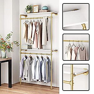 DR.IRON Gold Pipe Clothing Racks with 2 Tier Shelves, Wall Mounted Gold Clothes Rack with Double Hanging Rods Heavy Duty Garment Storage Rack Display Racks Rod for Clothes,Laundry Room