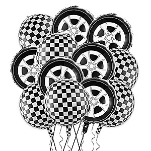 12 Pieces Black and White Checkered Balloons, Race Car Balloons Car Wheel Balloons Tire Balloons Aluminum Foil Checkered Flag Balloons for Racing Theme Birthday Party Decoration Supplies 18 Inch