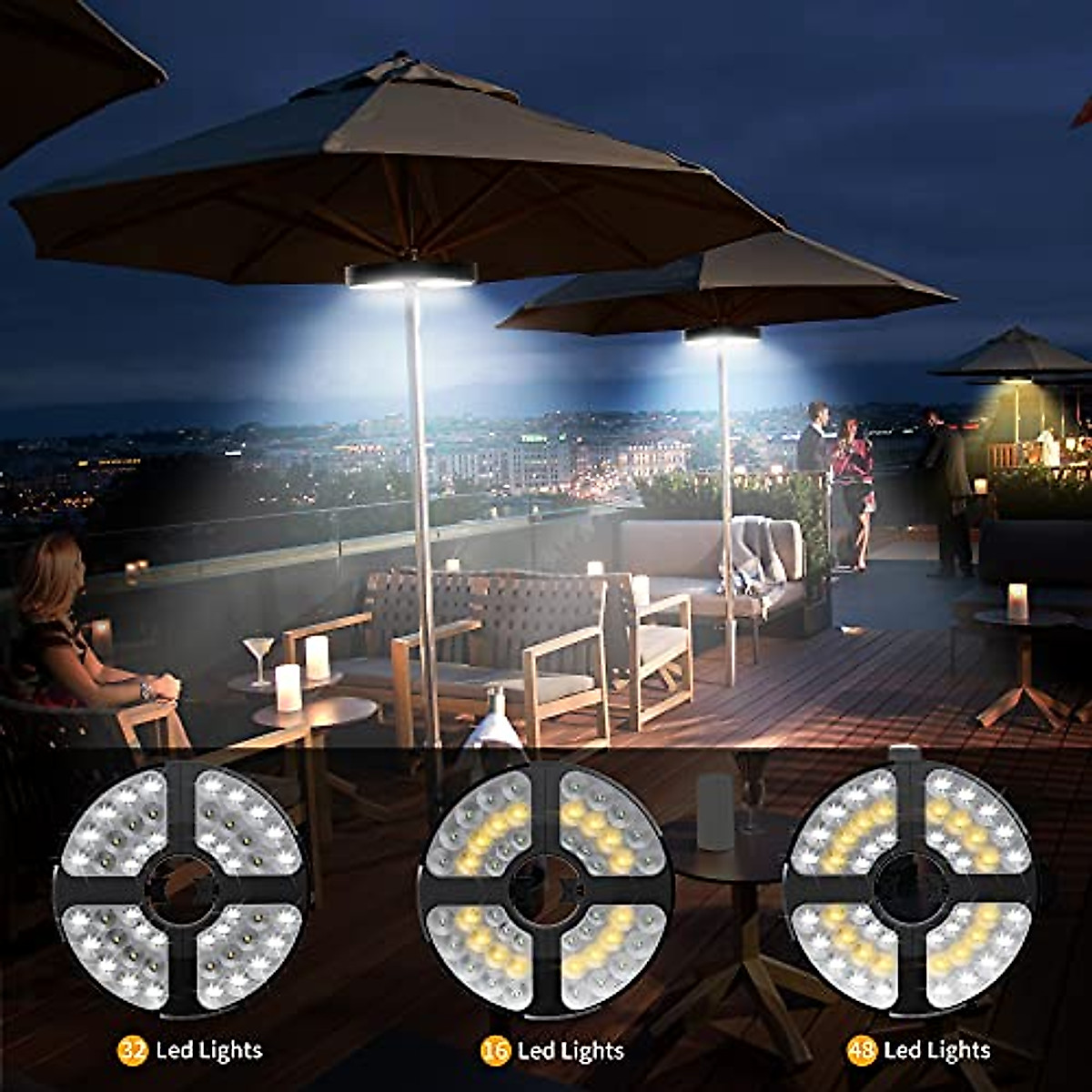 Patio Umbrella Light, Rechargeable Cordless Umbrella Lights 48 LED Lights 450 Lumens 3 Modes Umbrella Pole Light, 72 Hours Working Time Outdoor Patio Lights for Patio Umbrellas Camping Tent