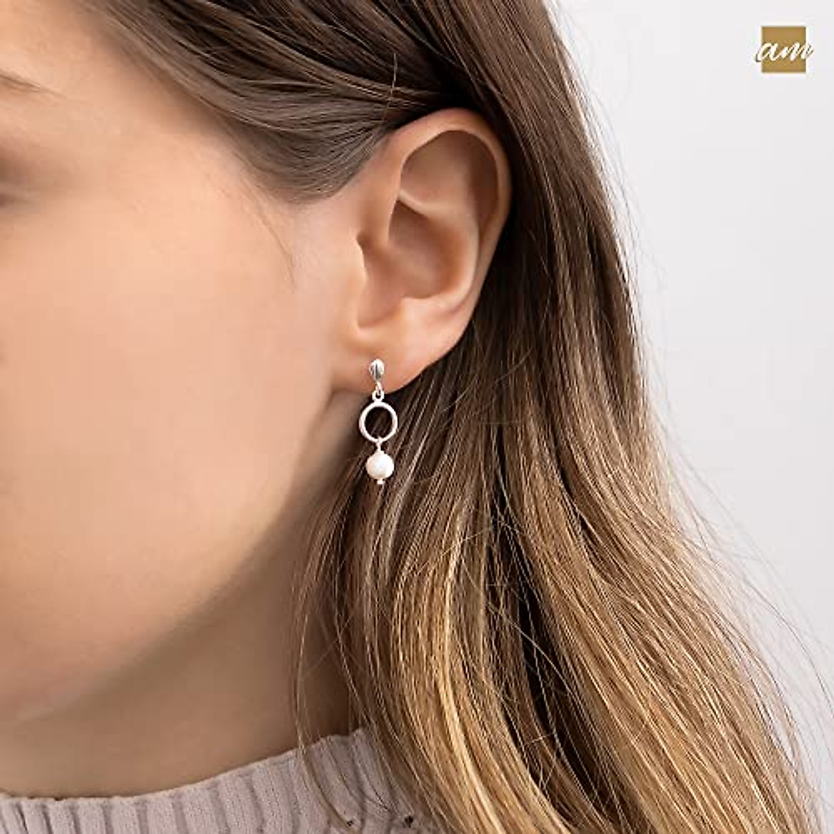 Amberta Women 925 Sterling Silver Freshwater Pearl Earrings: 5 mm Silver Pearl Drop Earrings - Silver