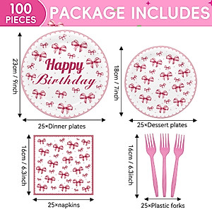 Generic 100pcs Pink Bow Birthday Party Decorations Pink White Bow Bachelorette Plates and Napkins for Girl Coquett Bridal Engagement Baby Shower Dinnerware Party Supplies Serve 25 Guests, LARGE