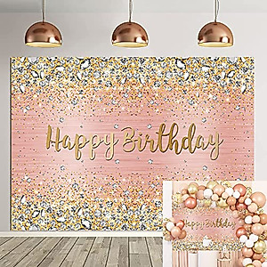 Happy Birthday Backdrop 7x5ft Diamonds Glitter Shining Pink and Gold Dot Sparkle Bokeh Photography Background for Women Girls Lady Sweet Party Decorations Photo Props