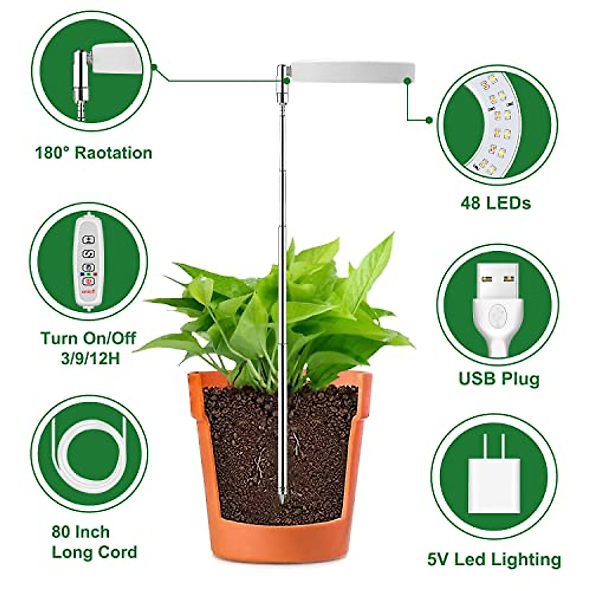 Grow Lights for Indoor Plants, 48LEDs Full Spectrum Halo Grow Light with Auto On/Off Timer, 3 Optional Spectrums, Height Adjustable,10 Brightness, Small Grow Light for Seed Starting, Succulents