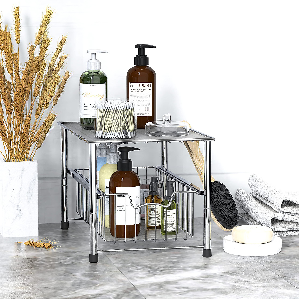 SimpleHouseware Stackable Under Sink Cabinet Sliding Basket Organizer Drawer, Chrome