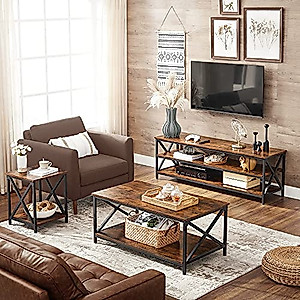 VASAGLE TV Stand for up to 65 Televisions, Media Console with Shelves, 3-Tier Storage, and X-Shape Steel Frame, 57.9 x 15.7 x 19.7 Inches, Rustic Brown