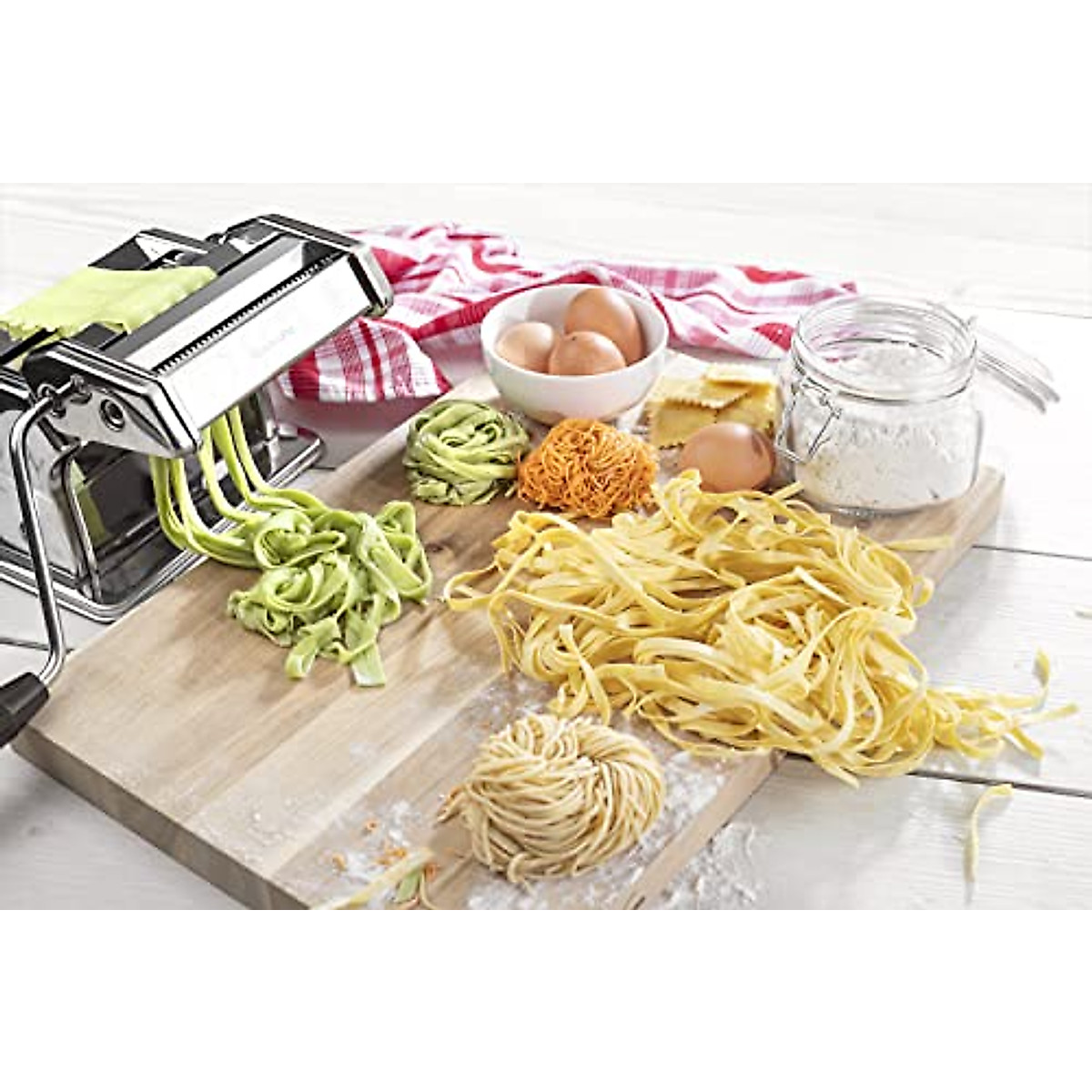 Pasta Maker Deluxe Set 5 pc Steel Machine w Spaghetti Fettuccini Roller Angel Hair Ravioli Noodle Lasagnette Cutter Attachments, Hand Crank & Clamp- Premium Quality for Homemade Italian Dinner Cooking