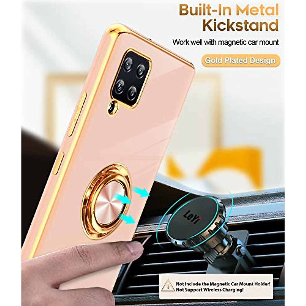 LeYi for Samsung Galaxy A42 5G Case with Tempered Glass Screen Protector [2 Pack] 360° Rotatable Ring Holder Magnetic Kickstand, Plating Rose Gold Edge Protective Case, Pink