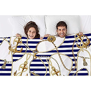 Beabes Gold Anchor Plush Blanket Throw Luxury Chains Coins Marine Navy Stripes Soft Bed Blankets for Home Bedroom Office Sofa Couch 50x60 Inch Throw Blanket