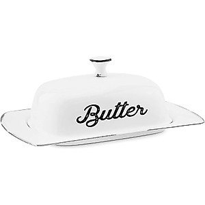 AuldHome Farmhouse White Butter Dish, Vintage Style Enamelware Butter Dish with Cover