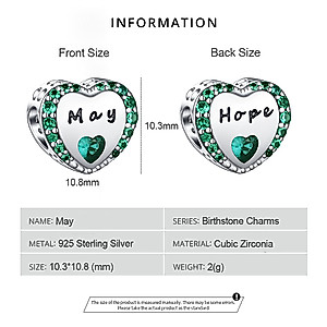 TIZU 925 Sterling Silver May Birthstone Charms for Pandora Bracelet Love Heart Beads Charm Happy Birthday Mother's Day Christmas Jewelry Gift for Women