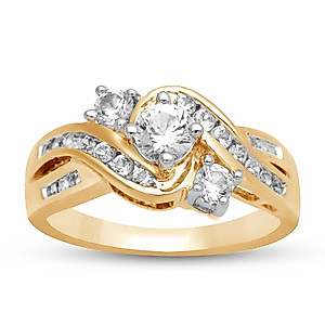 Jewelili 14K Yellow Gold Over Sterling Silver 4.5 MM and 3 MM Round Created White Sapphire and Natural White Round Diamond Accent Ring, Size 7