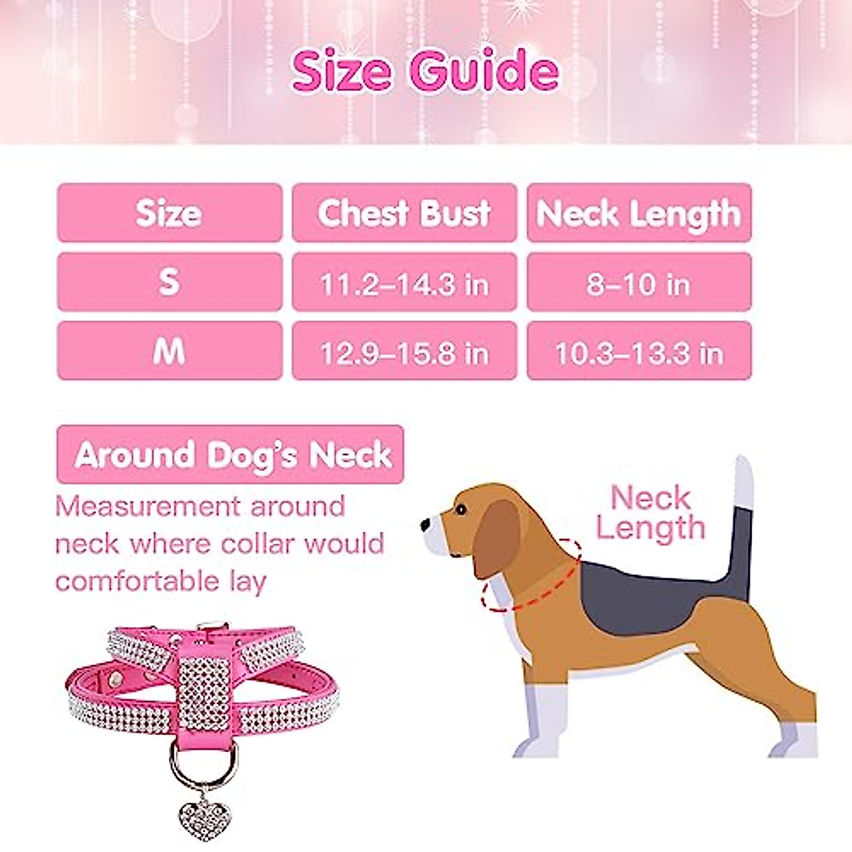 EXPAWLORER Dog Harness Genuine Leather Soft Padded Pet Sparkly Rhinestone Vest with Heart Pendant for Puppy Cat, Pink (S, Pink)