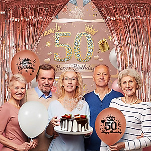 50th Birthday Decorations for Women,90 PCS Rose Gold 50th and Fabulous Birthday Decorations,Including Happy 50th Birthday Banner Backdrop,Crown,Hanging Swirl, birthday Balloons, Foil Backdrops,Cake Toppers, Plates, Photo Props, Birthday Sash,50th Birthday