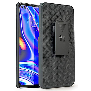 Case with Clip for Moto One 5G, Nakedcellphone [Black Tread] Kickstand Cover with [Rotating/Ratchet] Belt Hip Holster Combo for Motorola Moto One 5G Phone (XT2075)