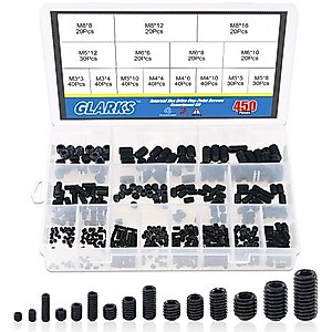 Glarks 450Pcs M3/M4/M5/M6/M8 Allen Head Socket Set Screw, 12.9 Class Black Alloy Steel Internal Hex Drive Grub Screw Assortment Kit
